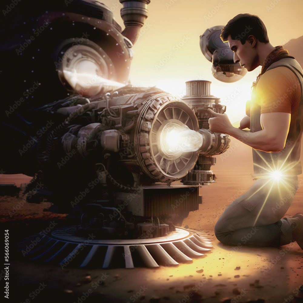 ภาพประกอบสต็อก An engineer is repairing the engine of his spacecraft, a ...