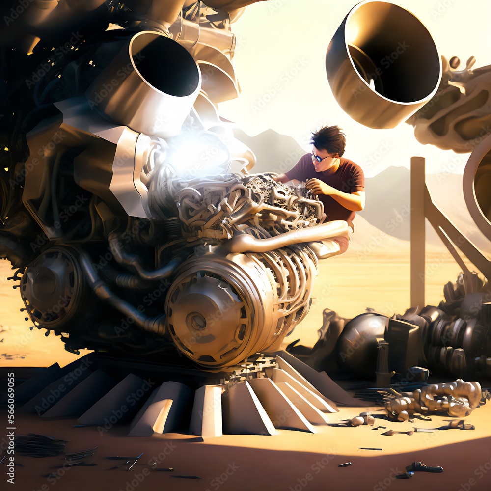 An engineer is repairing the engine of his spacecraft, a jet system ...