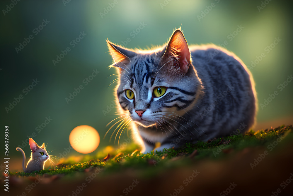 The mouse mimics a small cat to fool the real cat. Joke. Photorealistic ...