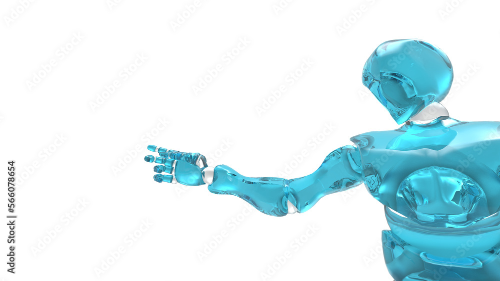 Detailed appearance of the clear blue AI robot under white background ...