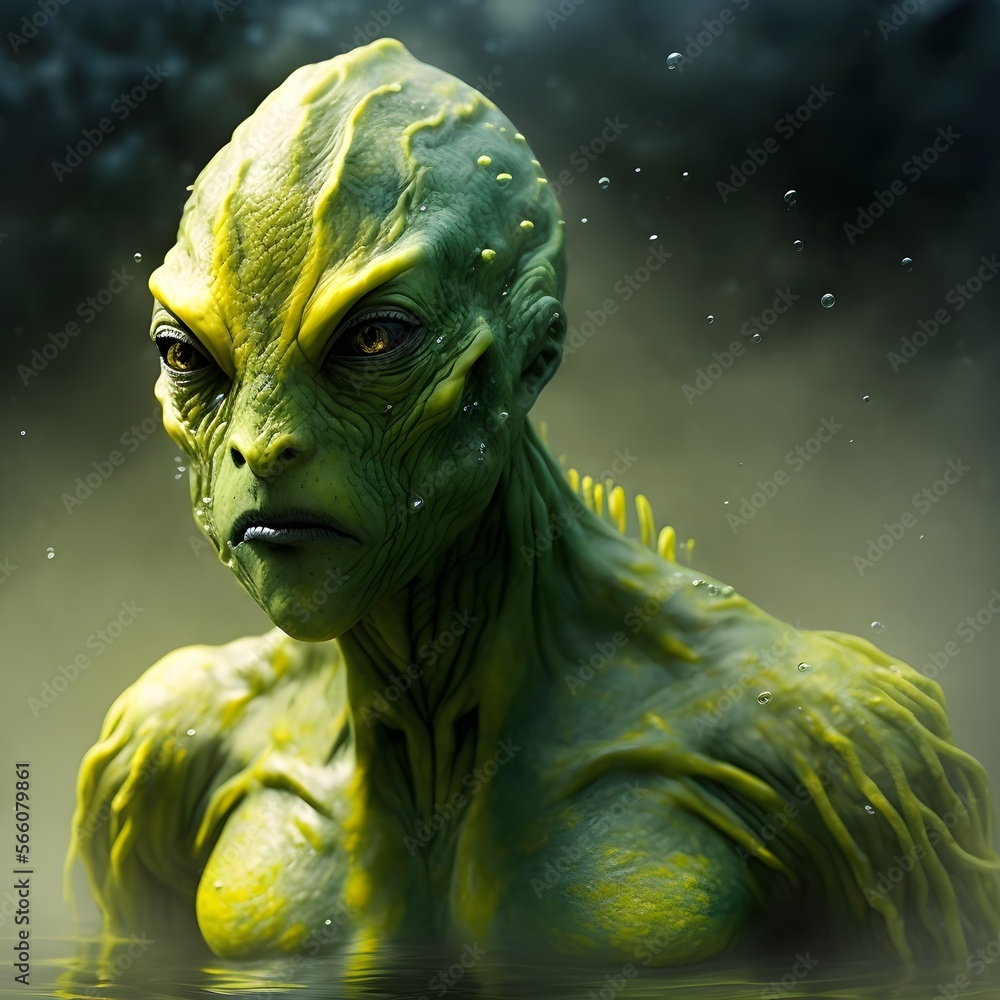 A scifi amphibious alien form, humanoid, underwater alien, photorealistic, scifi character ...