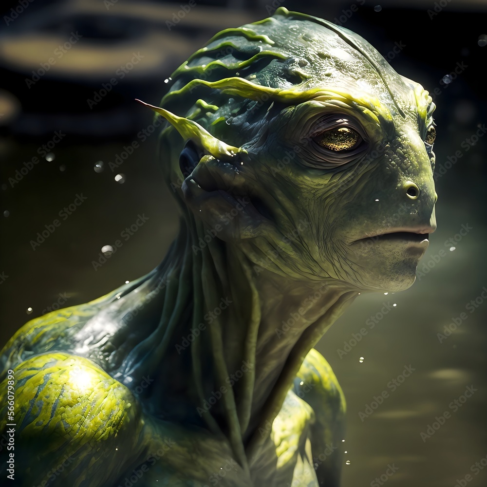 An alien, humanoid, amphibious form, underwater alien, photorealistic, scifi character, super ...