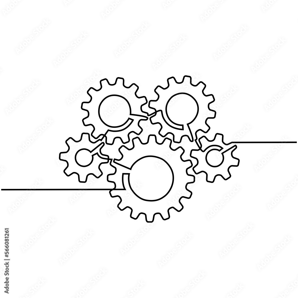 Continuous line drawing of machine gears. the concept of gears on a ...