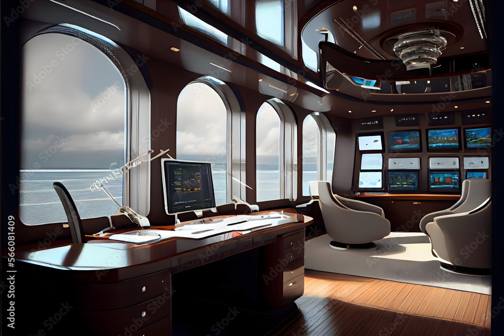 yacht interior, luxury boat, interior design, interior with a computer ...