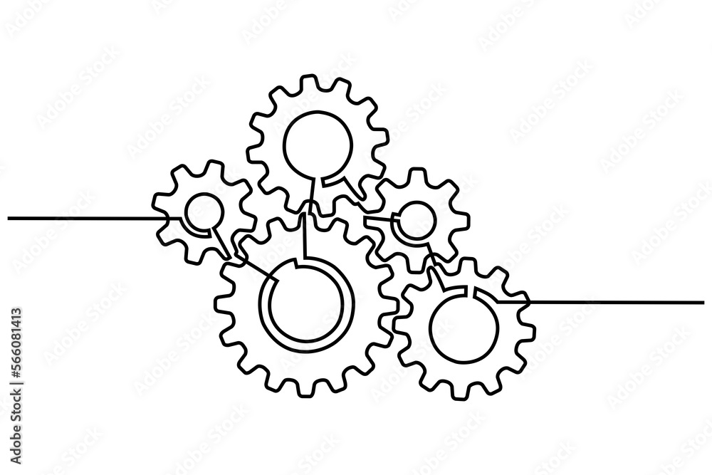 Continuous line drawing of machine gears. the concept of gears on a ...