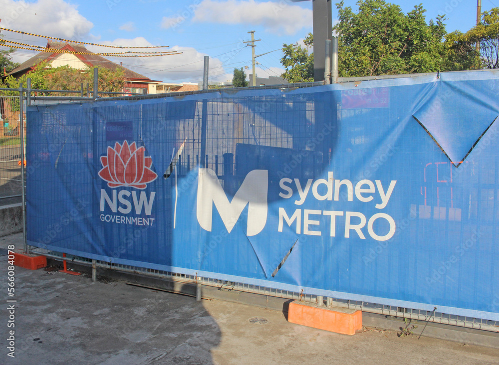 NSW Government Sydney Metro signage at a train station. Hoarding Stock ...