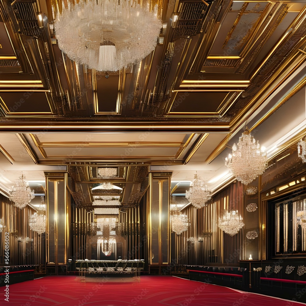 A glamorous Art Deco inspired ballroom with a mirrored ceiling and ...