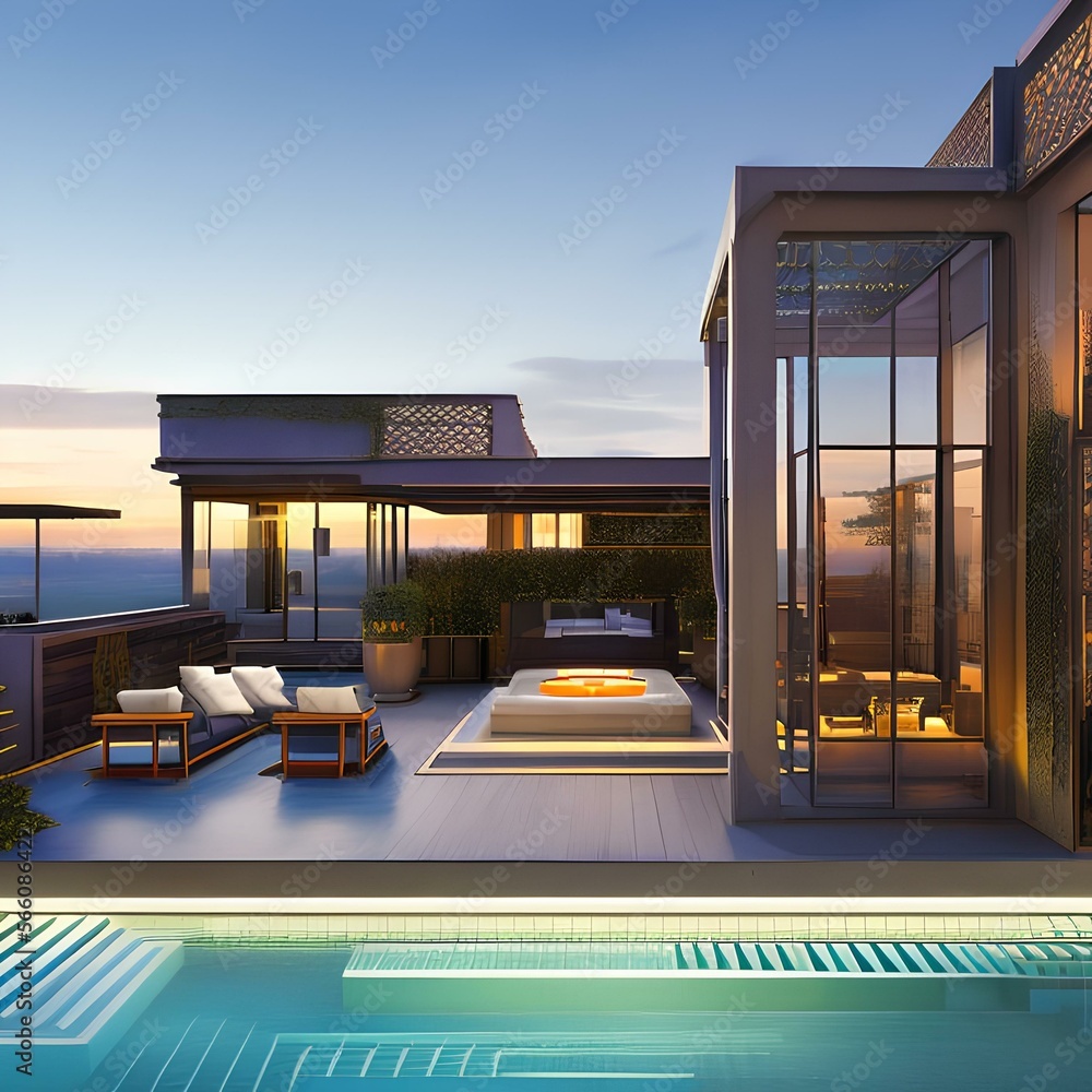 An Art Deco inspired rooftop terrace with a pool and geometric ...