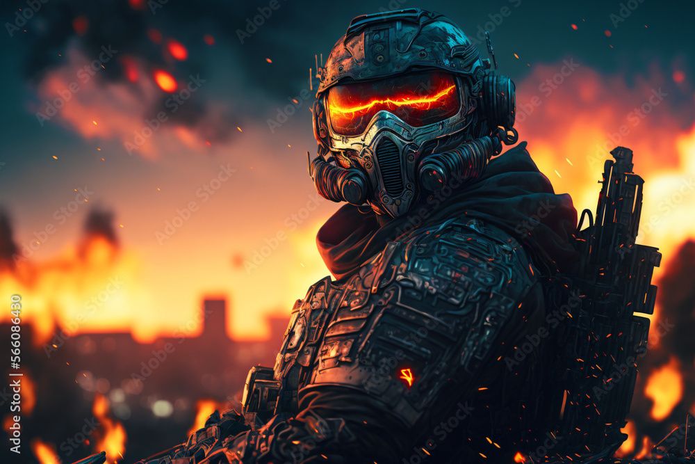 futuristic soldier with mask, apocalyptic burning night city background ...