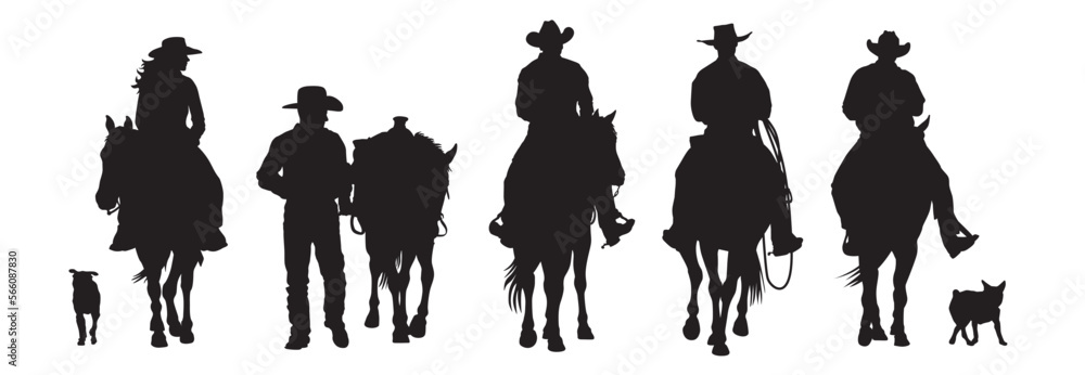 A vector silhouette three cowboys and one cowgirl riding horses and one ...