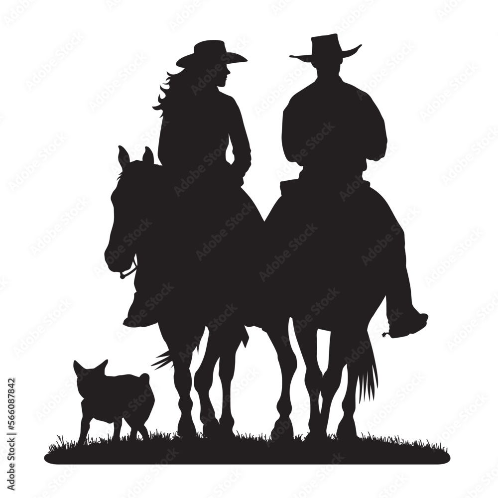 A vector silhouette of a cowboy and cowgirl riding horses together ...