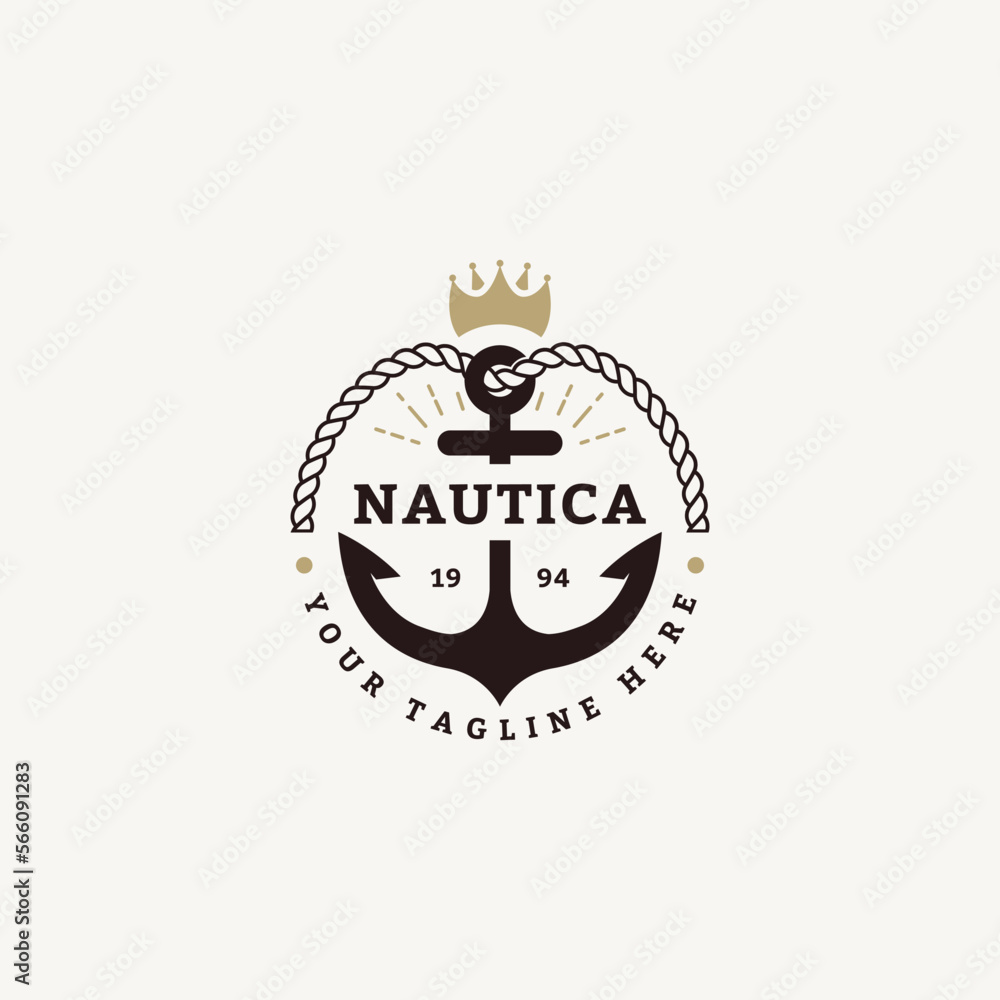 nautica navy ship logo design with anchor, rope and crown Stock Vector ...