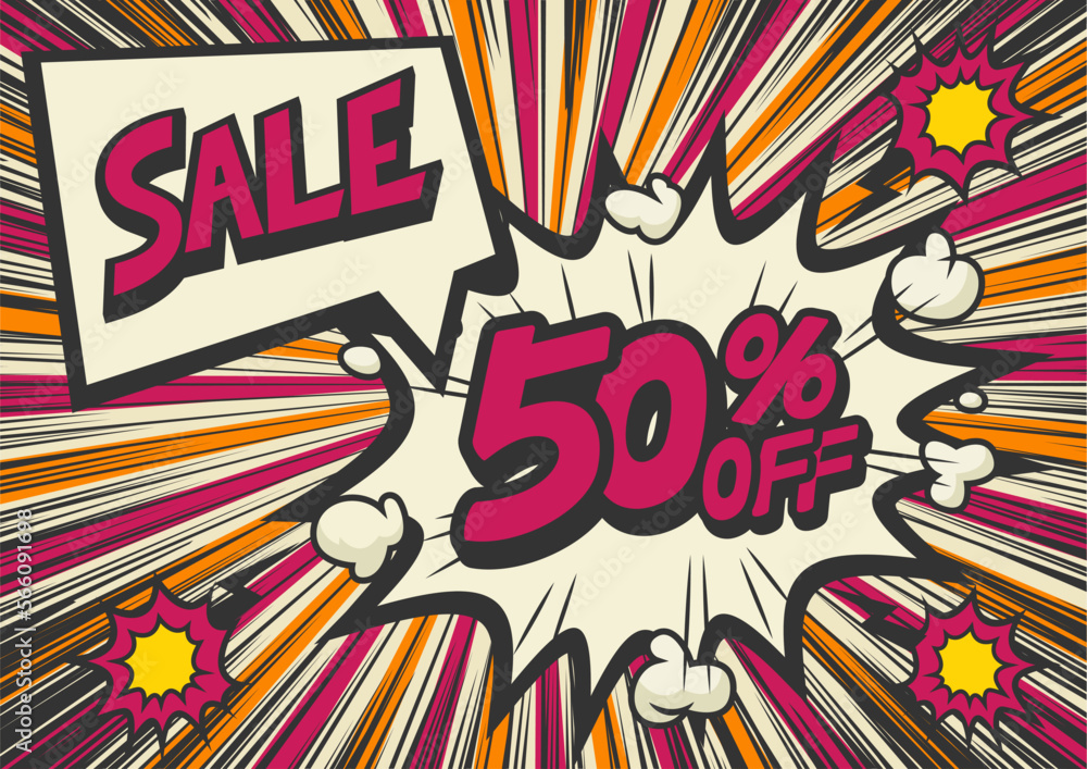 50 Percent OFF Discount on a Comics style bang shape background. Pop ...