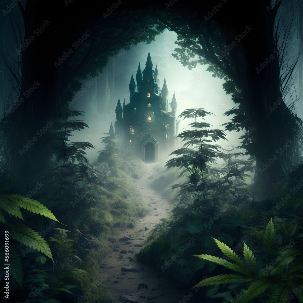 an old dense fantasy cannabis forrest with trail to black licorice ...