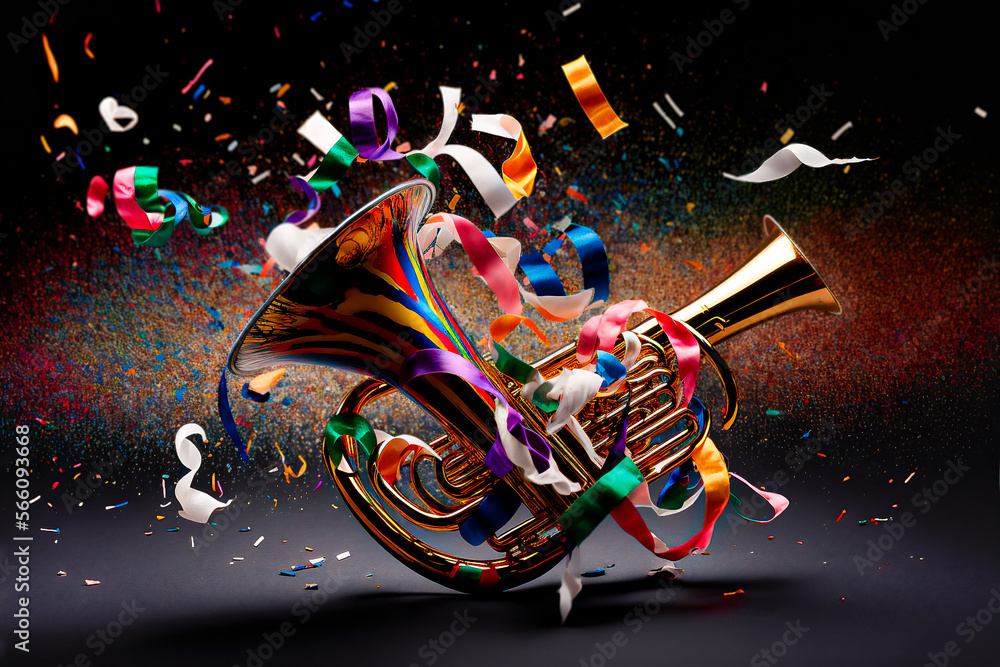 carnival trombone illustration confetti colorful ribbons. Birthday ...