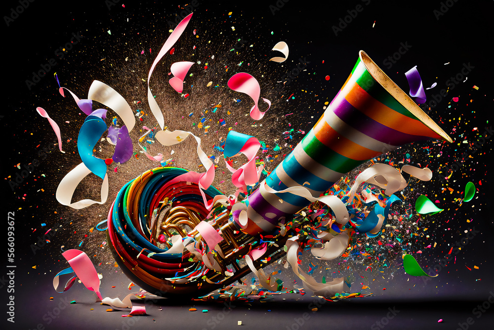 colorful carnival bugle confetti and ribbons. Birthday party Stock ...