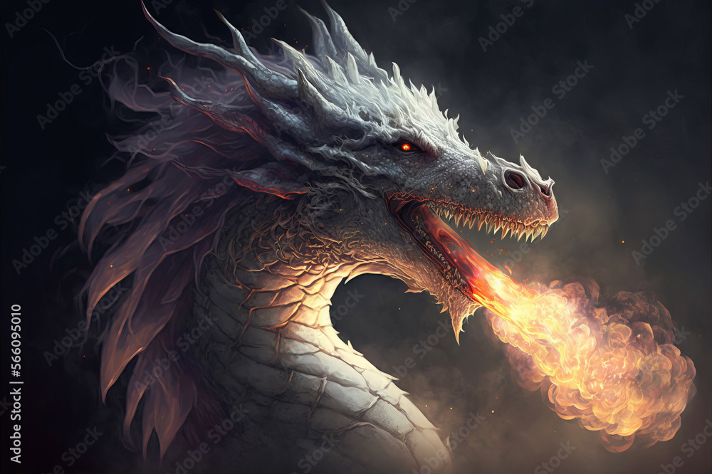 Silver dragon breathing fire and smoke on a black background ...