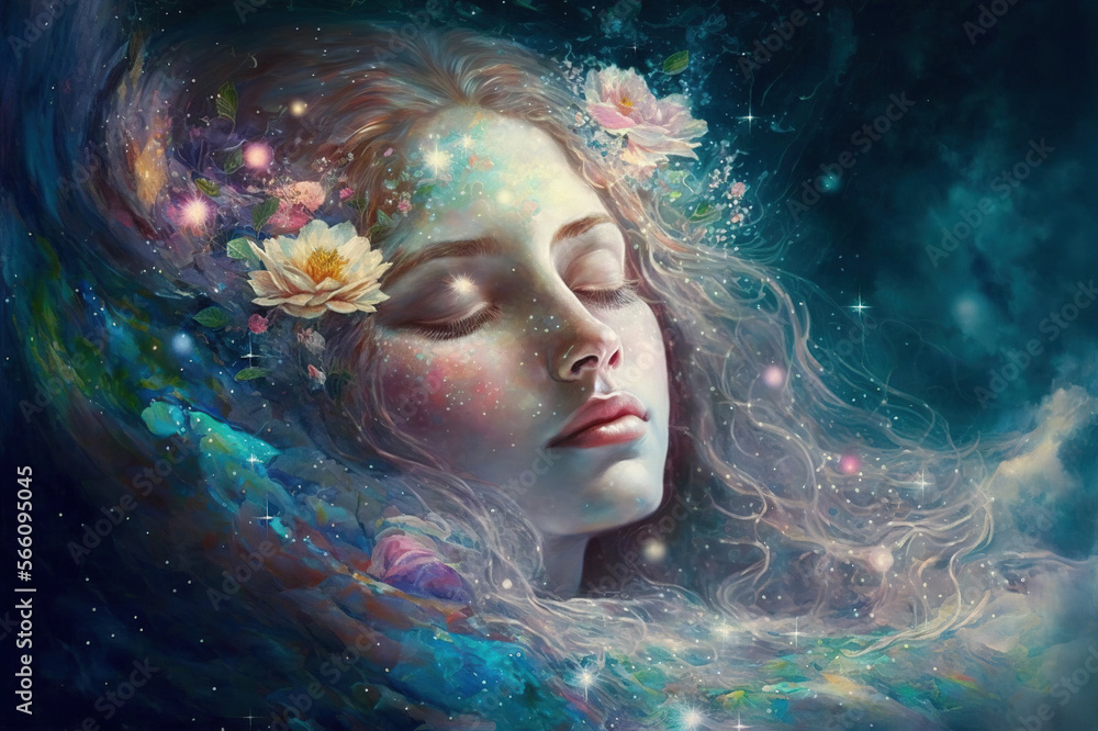 Abstract woman dream decorated by harmony and endless colors of star in ...