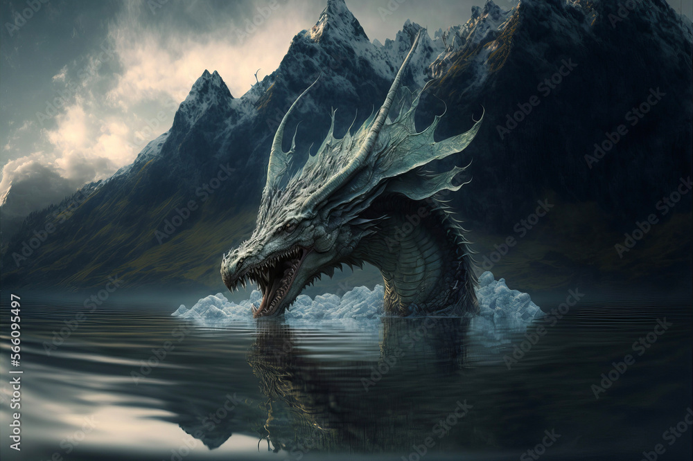 Sea serpent emerging out of the water creating large waves with ...