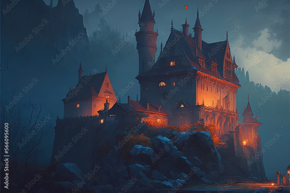 Medieval castle landscape, night scene, anime style. Generative AI ...