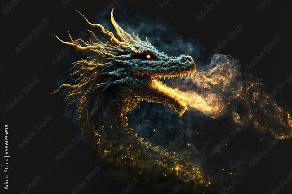 Gold dragon breathing gold fire on a black background. Mythological ...