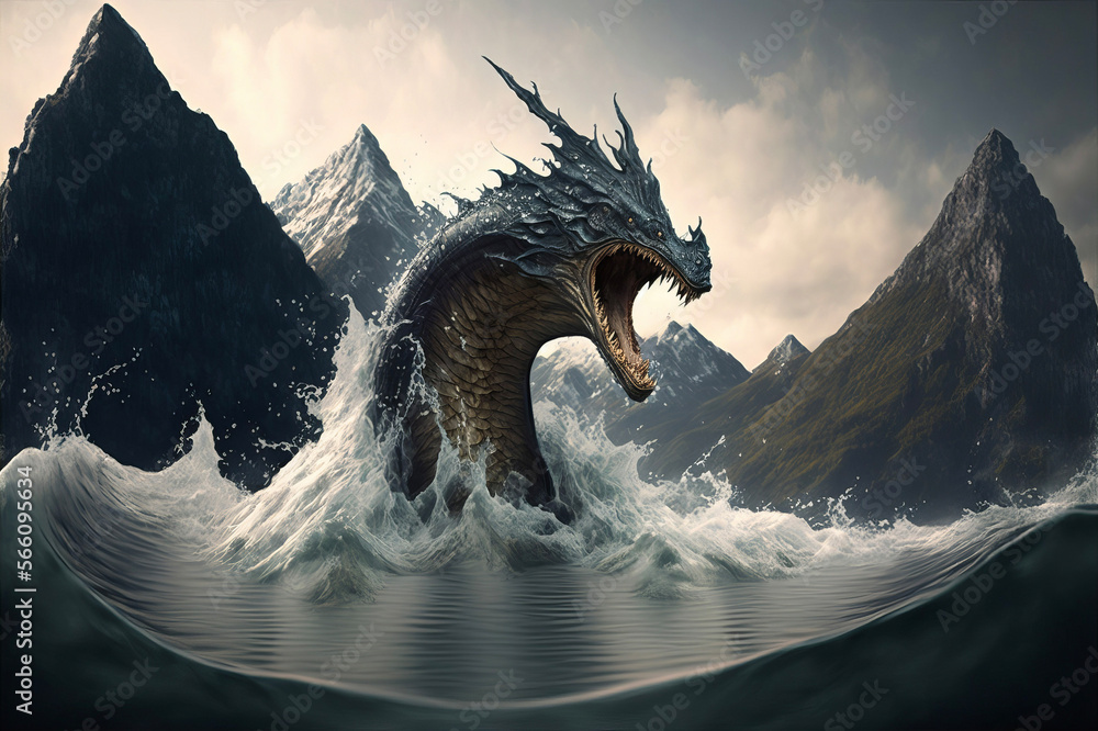 Sea serpent emerging out of the water creating large waves with ...