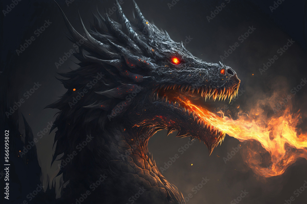 Black dragon breathing golden fire and smoke on a black background ...