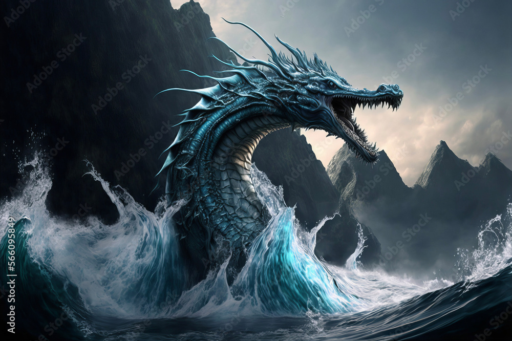 Sea serpent emerging out of the water creating large waves with ...