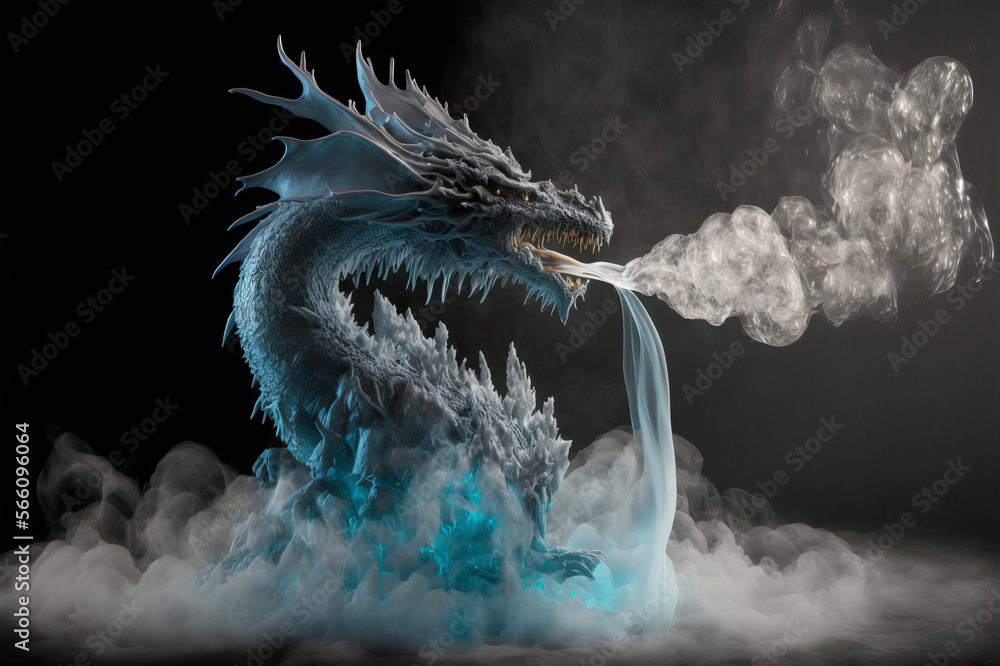 Dragon made of ice with cold vapor coming off of it. Mythological ...