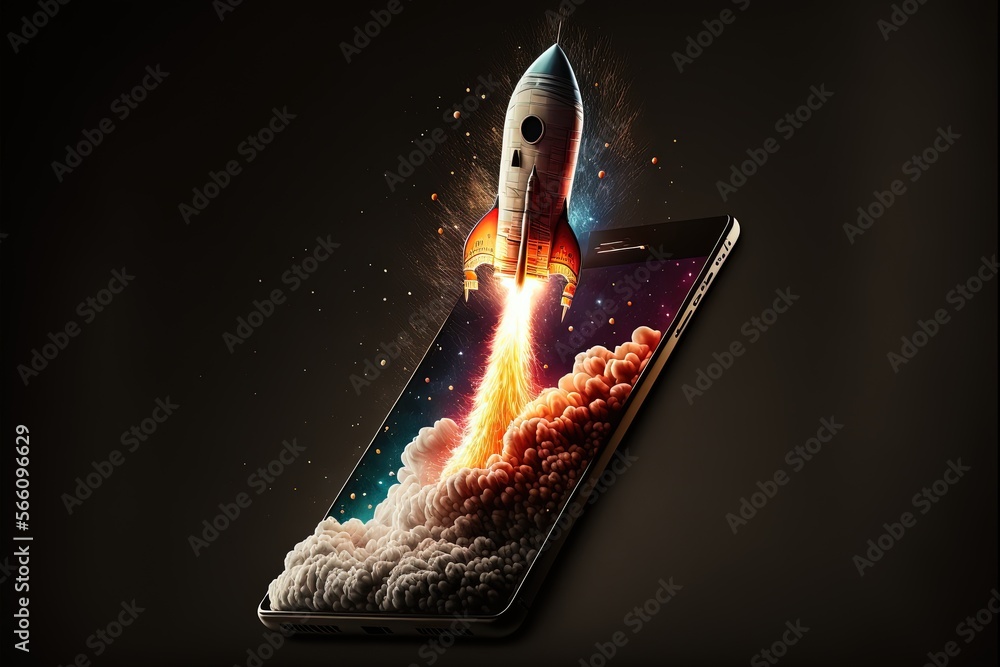 Rocket illustration on iphone cell phone screen, black background ...