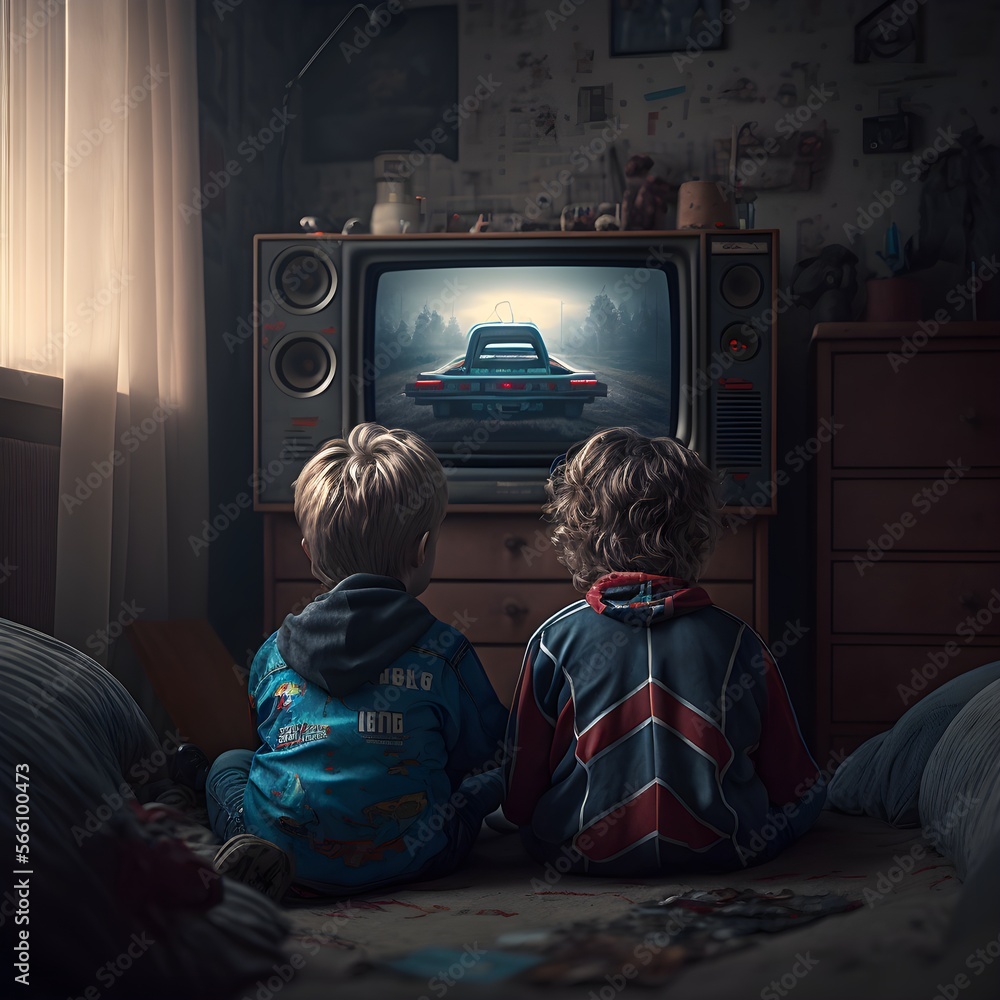 Two kids sitting in a childbedroom view from their back facing an old ...