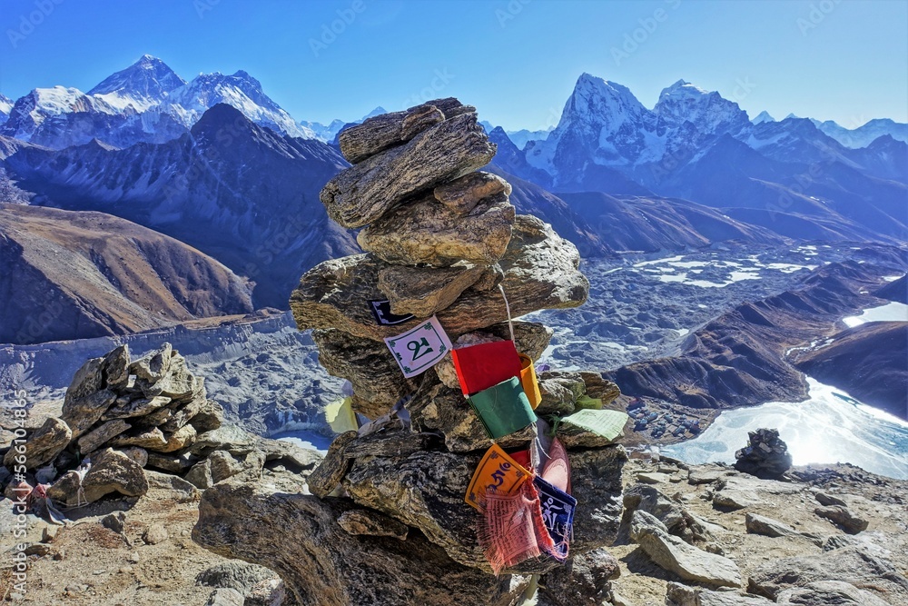 Tibetan Mani Stone with Mt. Everest and Mt. Lhotse from Gokyo Ri ...