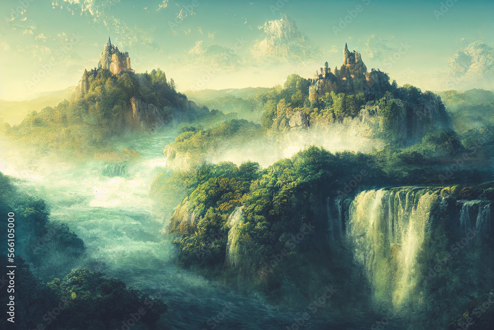 Beautiful digital art generative AI of fantasy fairy tale castle on waterfall with hills and ...
