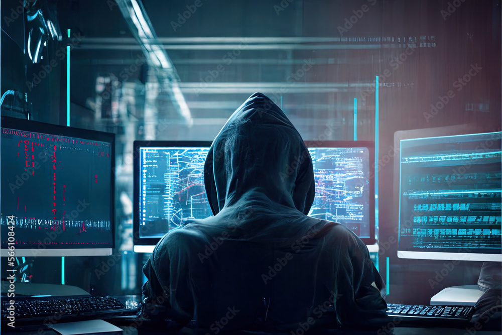 Young hacker hacking a network system with laptop computer, danger for ...