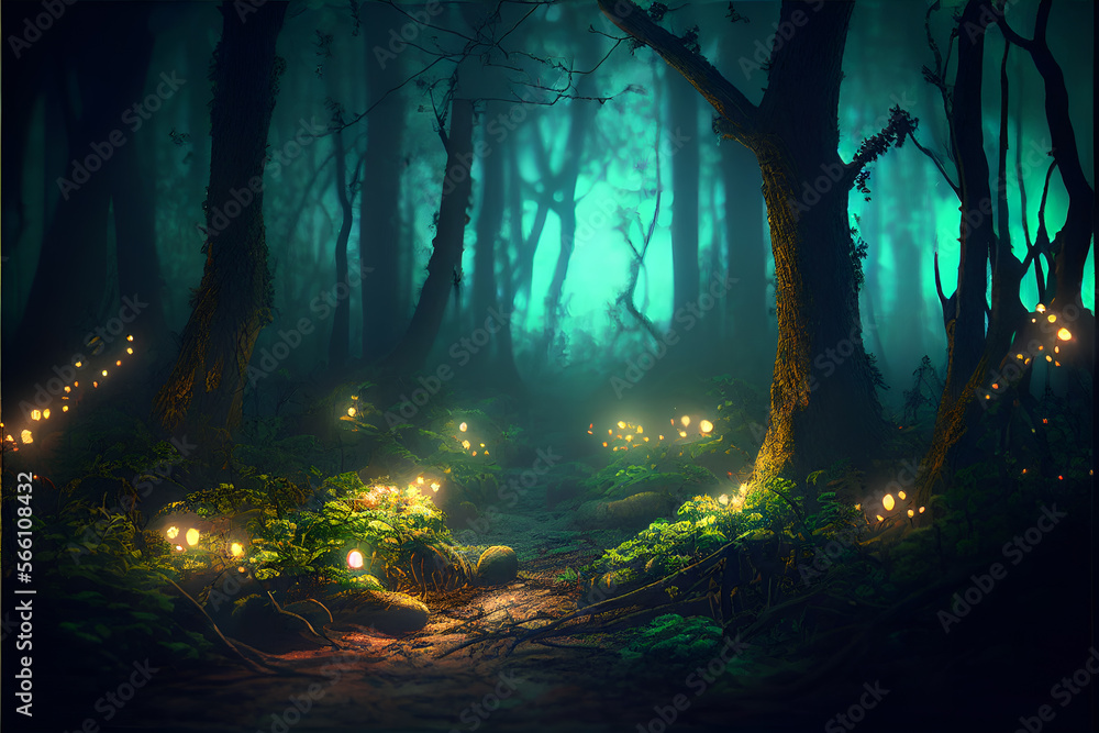 Gloomy fantasy forest scene at night with glowing lights. Generative AI. Stock Illustration ...