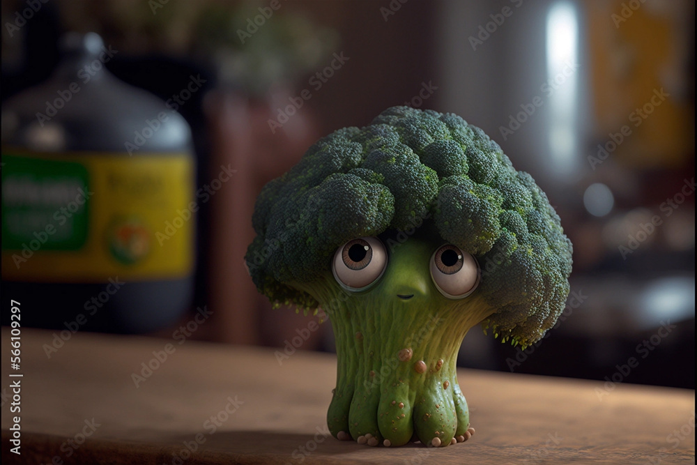 Cute 3d broccoli cartoon on blur kitchen background. Stock Illustration ...