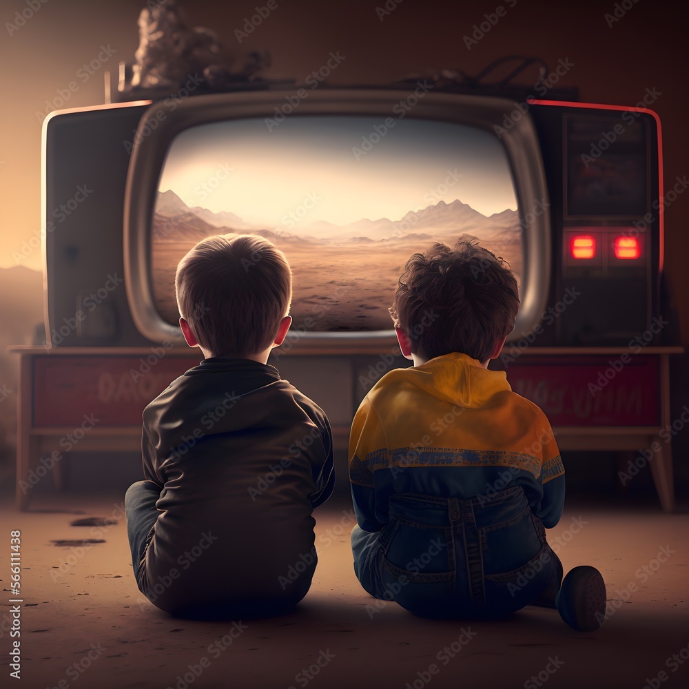 Two kids sitting view from their back facing an old TV playing old ...