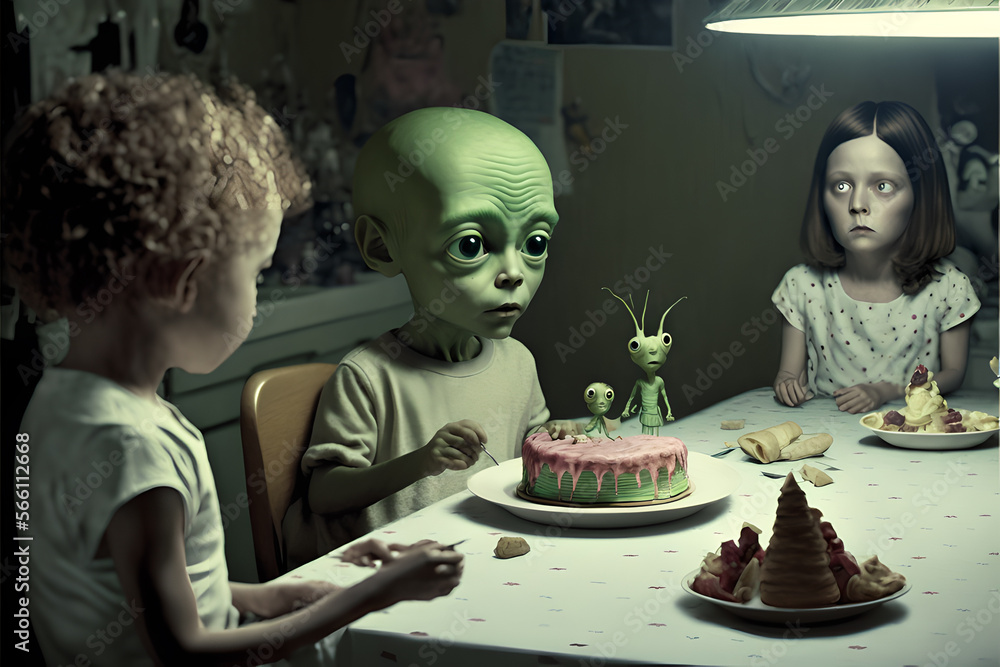 A green alien child having a big birthday party with cake and friends ...