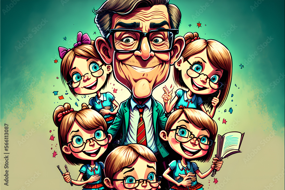 Caricature cartoon of a proud middle age single dad and his many ...