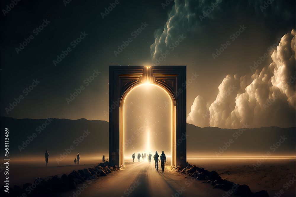 People's souls walk through a heavenly gate into the light of heaven or ...