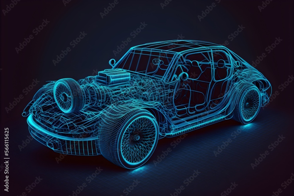 Augmented reality wireframe of vintage car concept with blue background ...