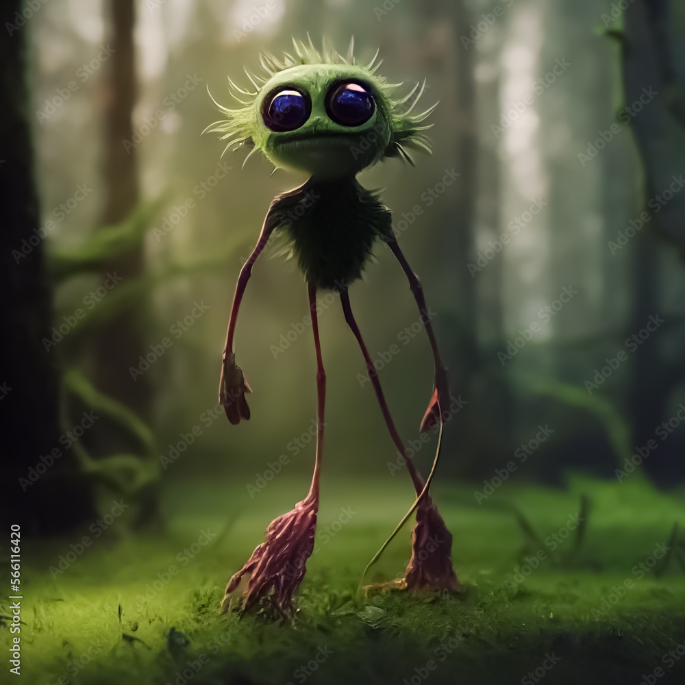 Lovely green creature with 4 very long limbs and flying in the forest ...