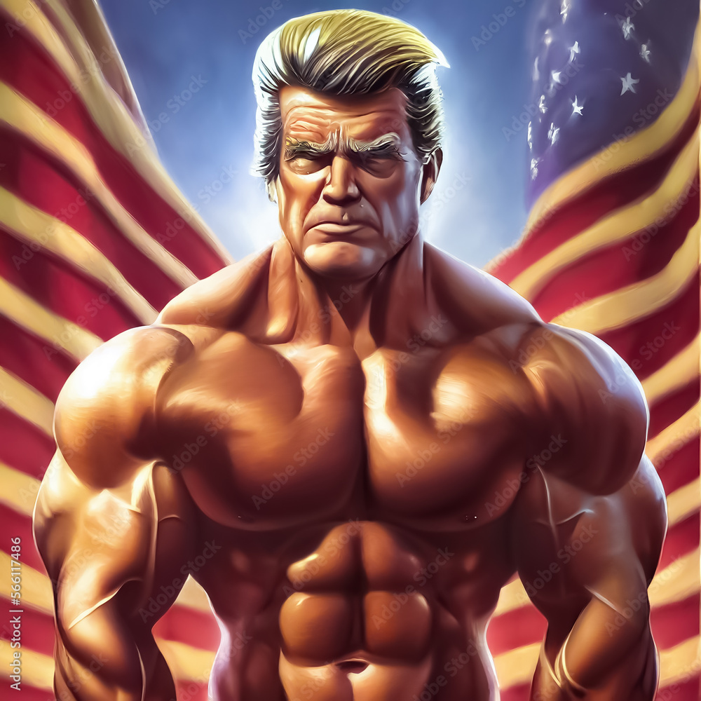 The muscular blond man on the background of the American flag is ...