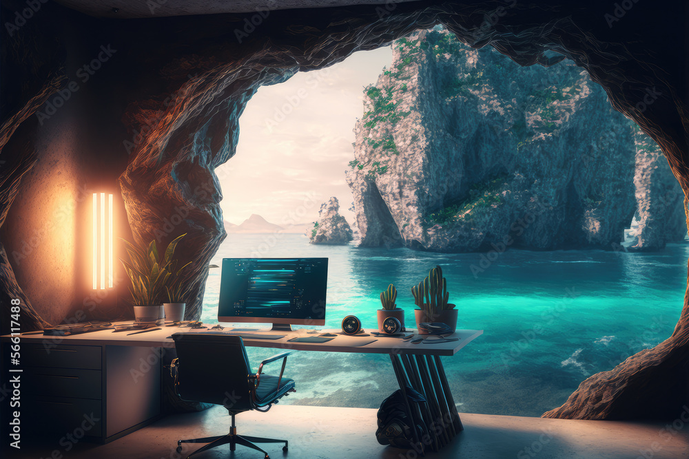 Imaginary home workspace in rocky cave with a large window overlooking ...