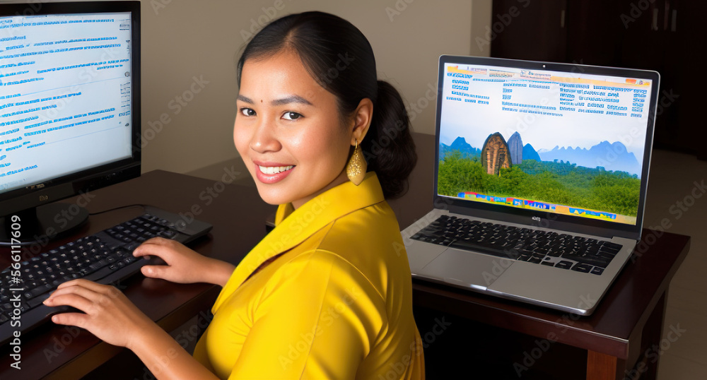 Laotian woman as a Computer programmer typing and working on laptop ...