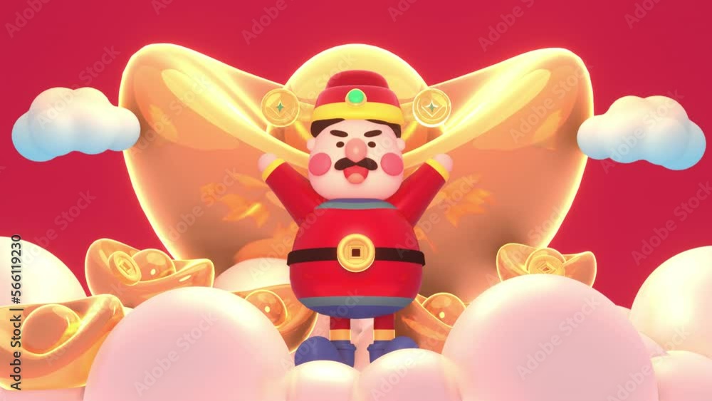 Looped Chinese God of Wealth cartoon character and gold coins animation ...