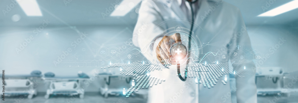 Medicine doctor and stethoscope in hand touching icon medical network ...