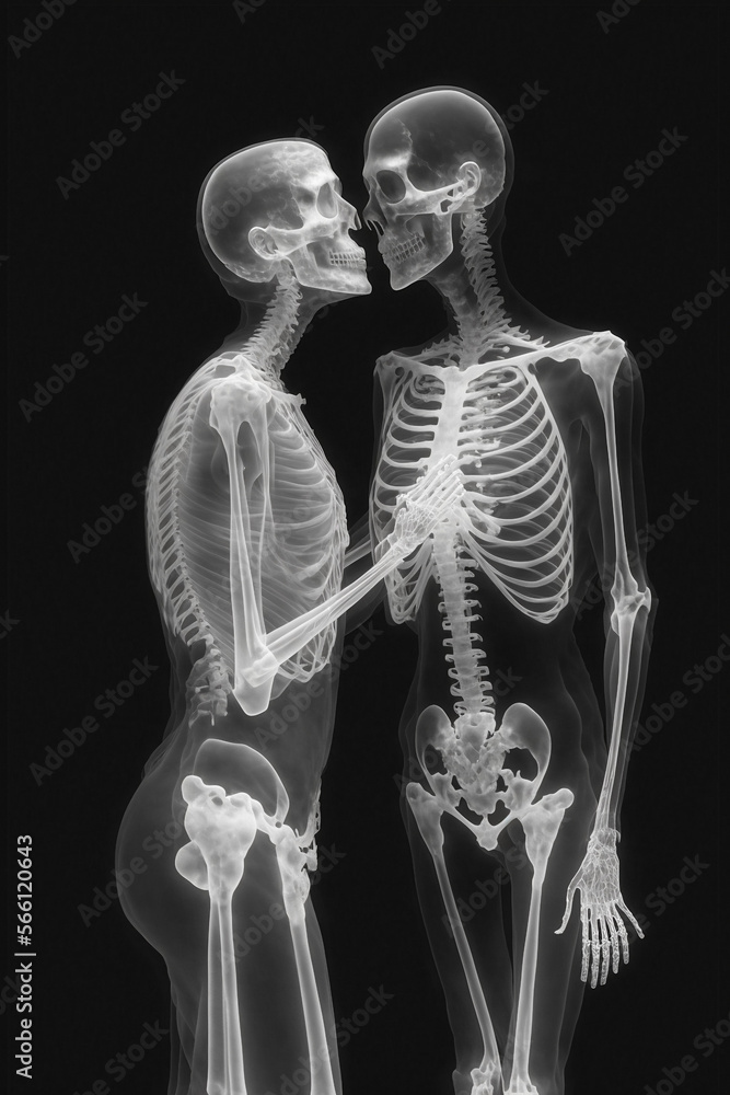 An X-Ray photograph of a couple of skeletons embracing and kissing ... An X-Ray photograph of a couple of skeletons embracing and kissing ...