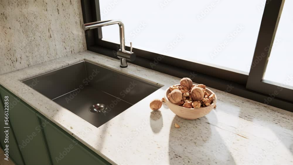 Kitchen room interior, close up counter top view with sink and faucet ...