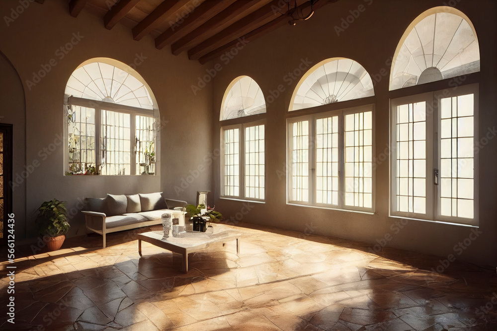 Beautiful Spanish Modern Living Room Interior with Arch Windows Made ...